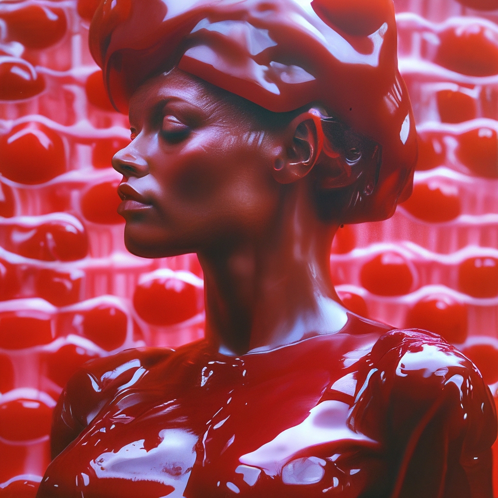 "The figure of a woman made of cherry jelly, surrealism ...