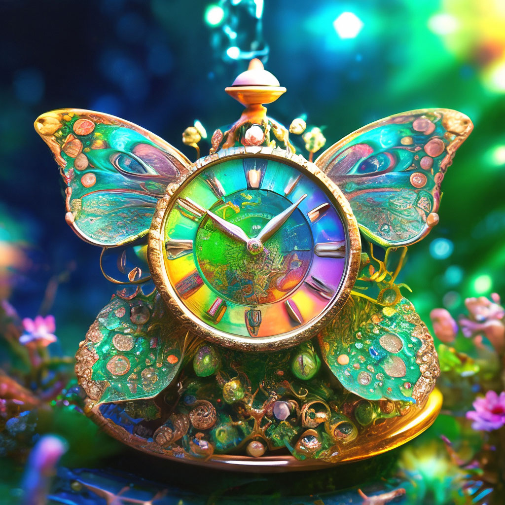 "Magical antique clock, fusion of galactic light and rainbow, malachite ...
