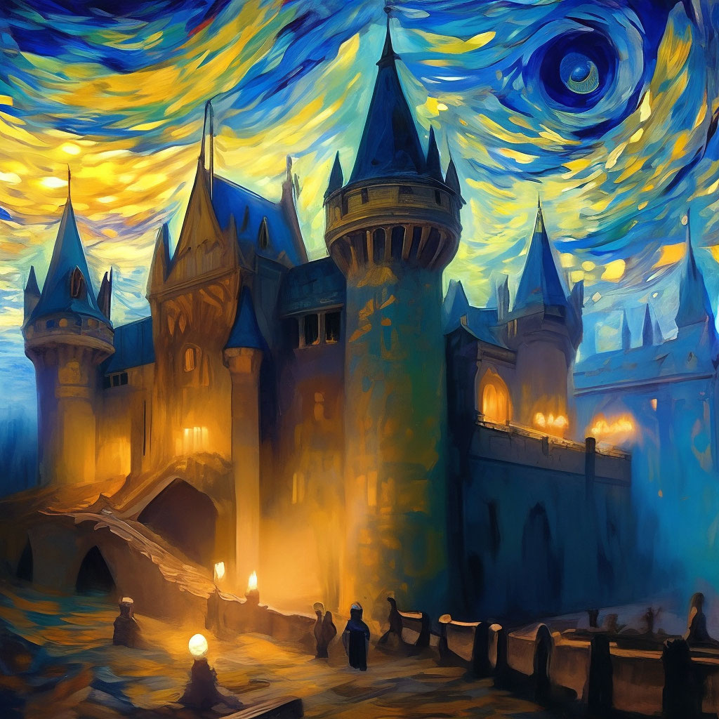 "Medieval castle, realistic, in the style of Van Gogh, dim lighting ...
