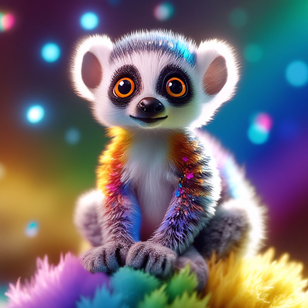 "Rainbow crystal.Very cute and charming lemur, sitting on a fluffy ...