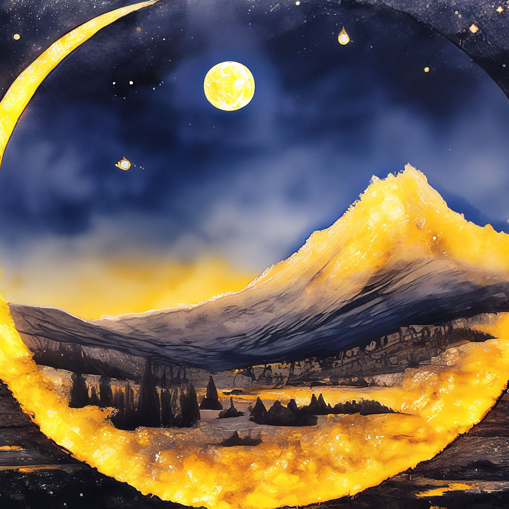 "Delicate watercolor painting :: large lava moon+high in the sky+yellow ...