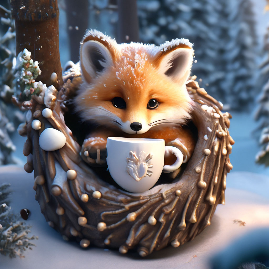 "Fluffy little fox cub sitting in a hollow tree,with a cup of coffee ...