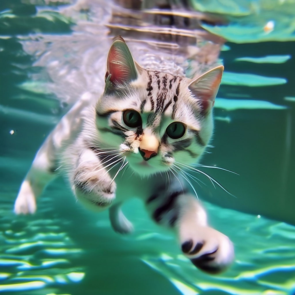 "The cat is swimming the cat swims in the pool under water at an ...