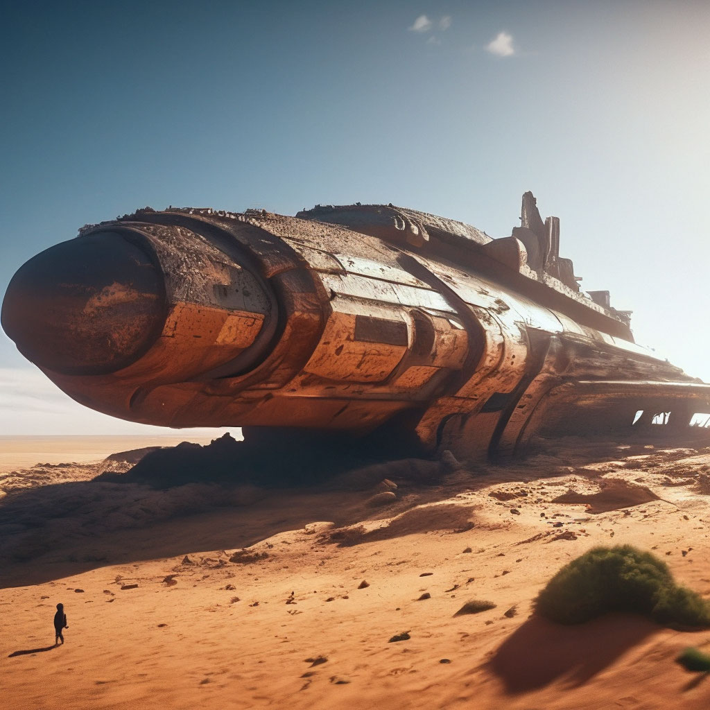 "A huge destroyed spaceship lies in the desert, sticking out of the ...