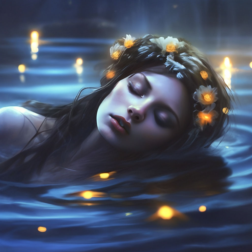 "A drowned woman in a wreath lies in the water with her eyes closed ...