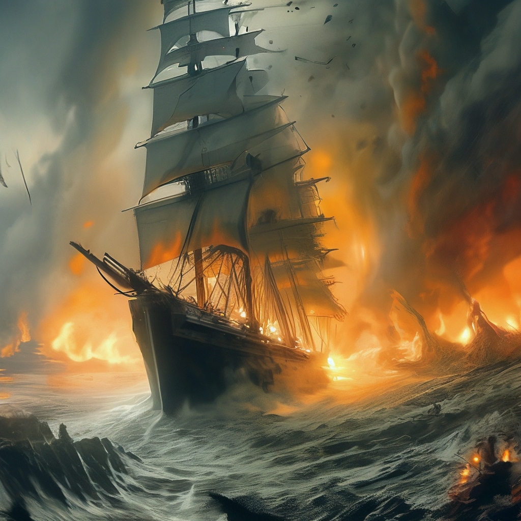 "Sailing ships, offensive, fire" — image created in Shedevrum