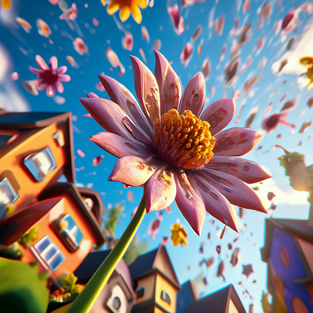 "A cartoon flower raining from the sky. Imagination. Close-up. View ...