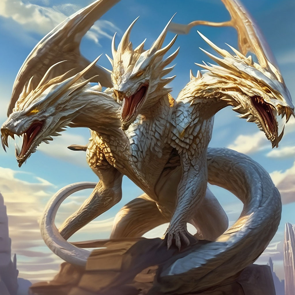 "Winged dragon with three snake heads, three snake heads grow from a ...