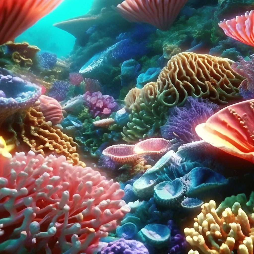 "Mythical oceanic reef of corals and algae, shells, intricate patterns ...