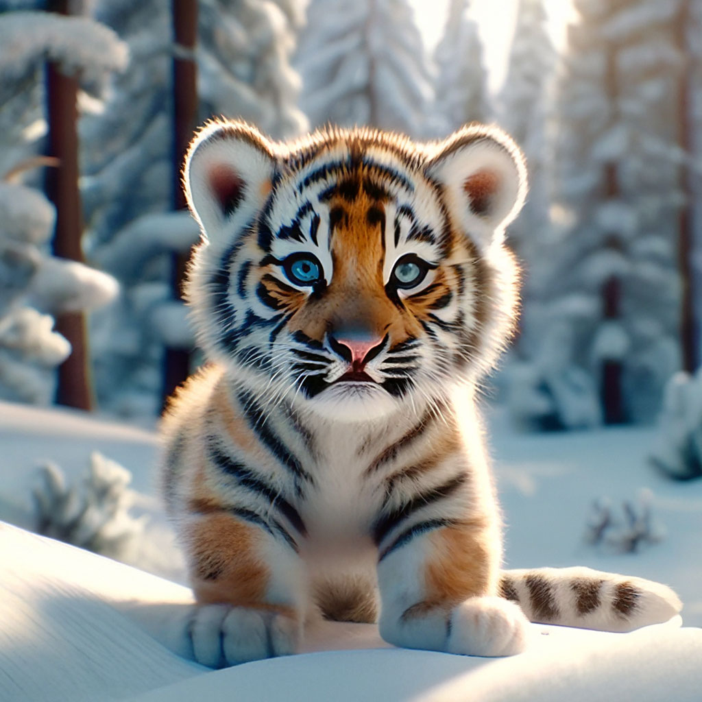 "A fluffy tiger cub. snow. forest. realistic" — image created in Shedevrum