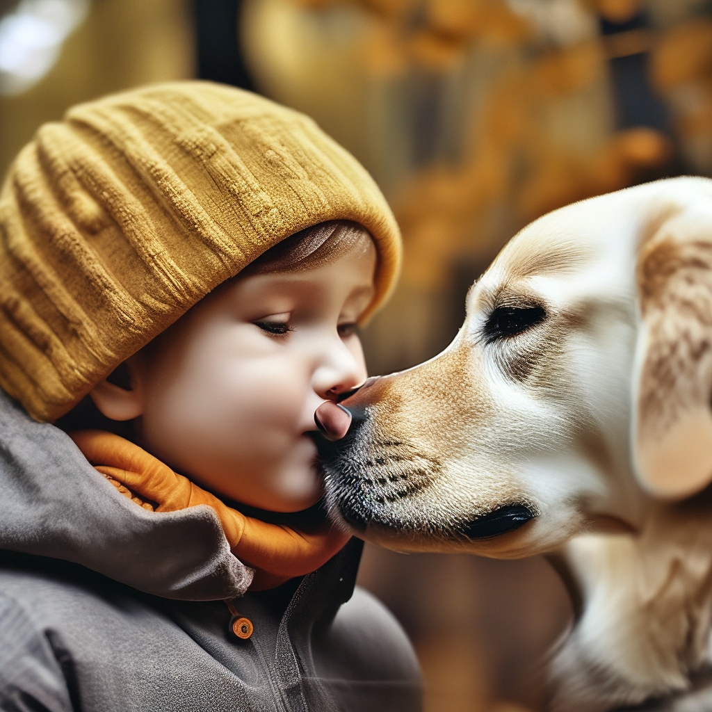 "Labrador kisses on the nose of a child, autumn, high detail, high ...