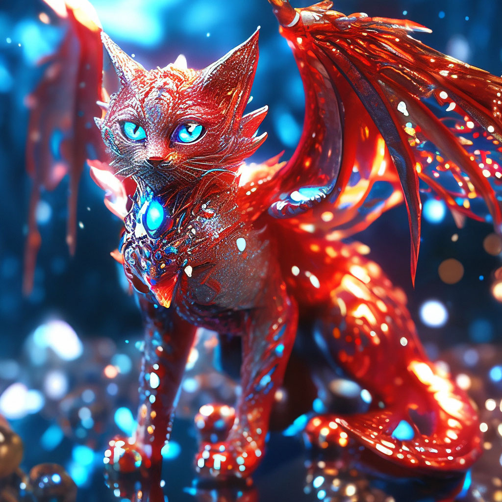 "Hyperrealism, beautiful fiery red anthropomorphic dragon cat ...