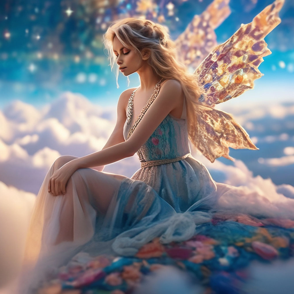 "A beautiful fairy is sitting on the clouds, beautiful face, beautiful ...