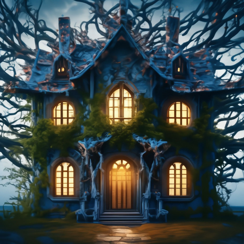 "Surrealism, a house consisting of vines and thorns, inner glow, fairy ...