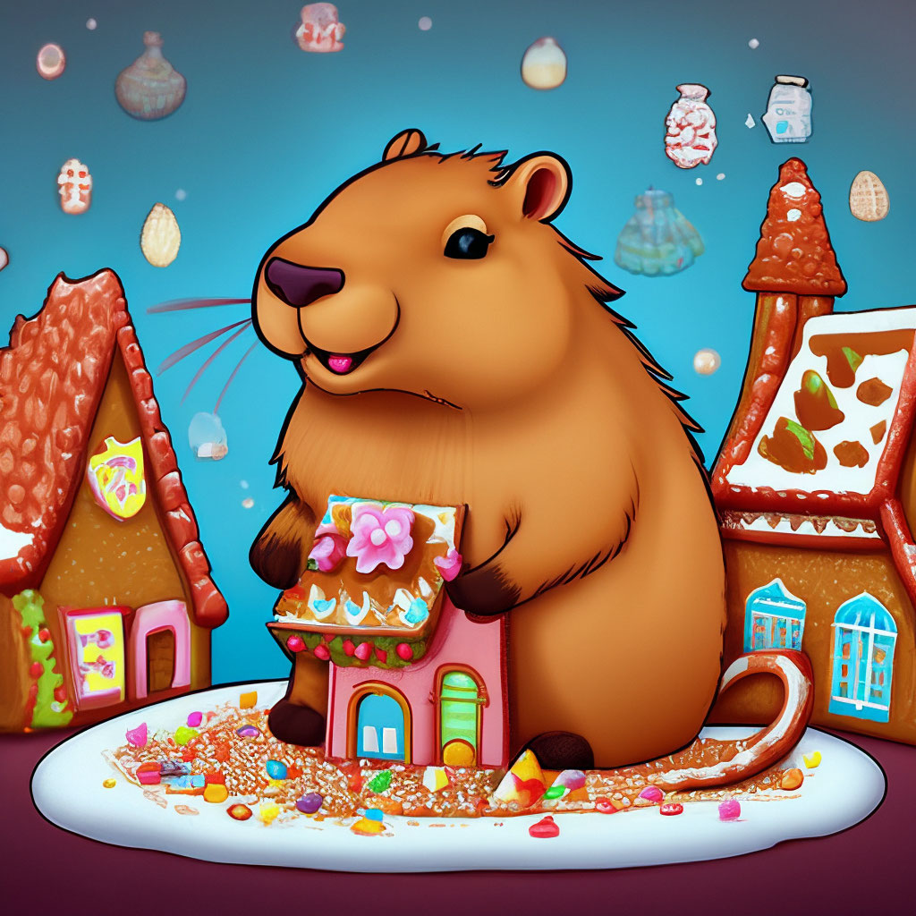 "A very cute capybara in a gingerbread town eats a wall, crumbs ...