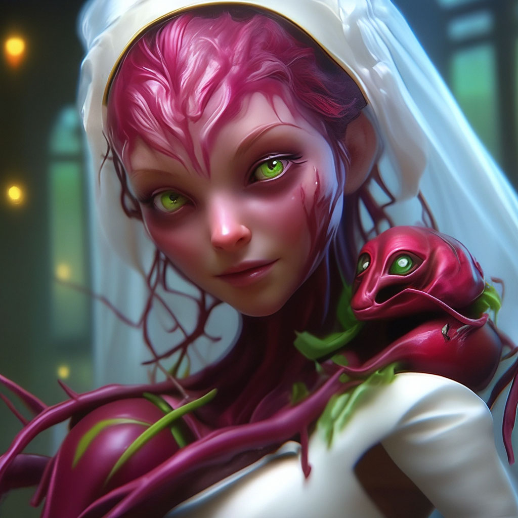 "Anthropomorphic kringe creep beetroot with the bride's face,close-up ...