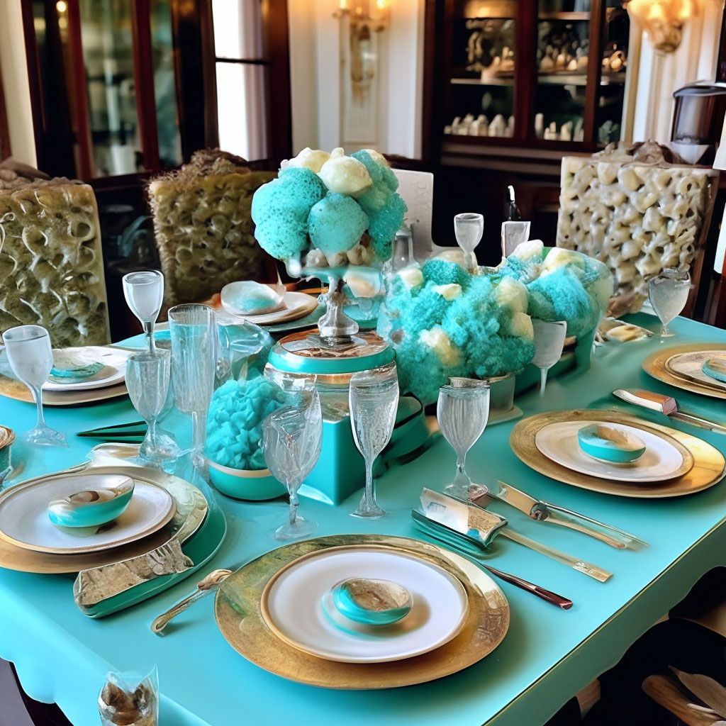 "Beautiful serving of delicious dishes table setting in Tiffany style ...