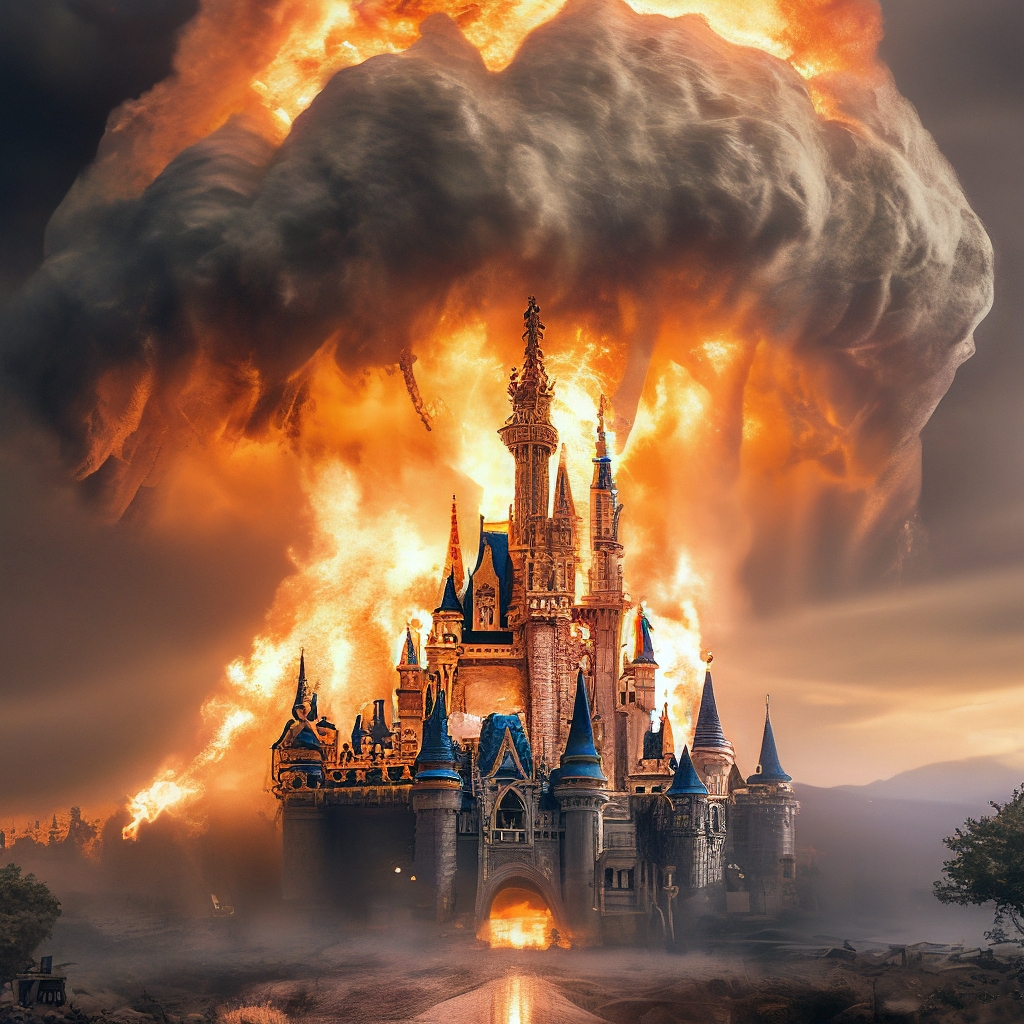 "A magical view of a burning di$ney castle, engulfed in fire ...