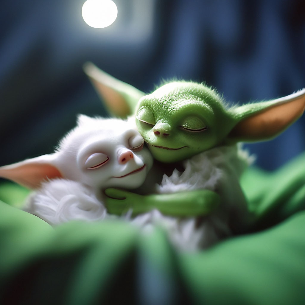 "White gremlin and green goblin,sleep in an embrace, cute, cute ...