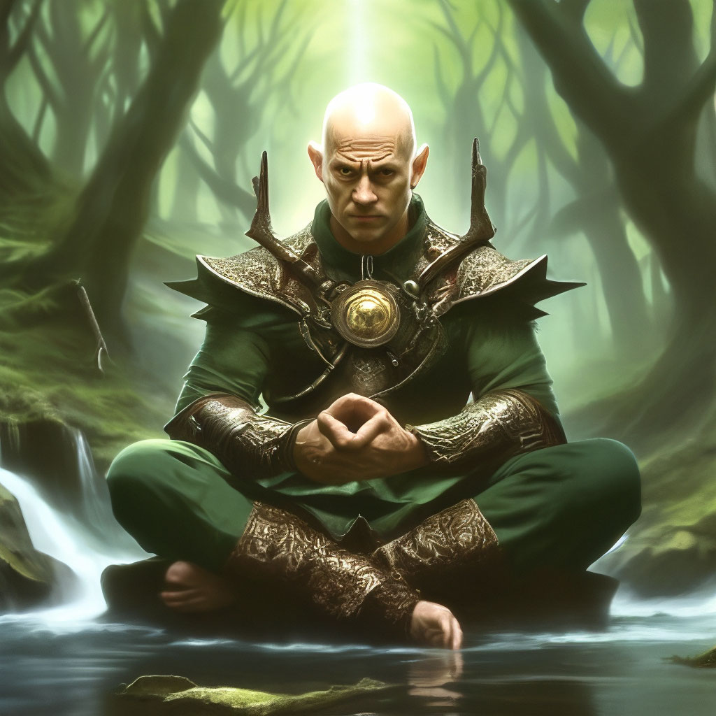 "Wise bald elf shaman, druid Meditates in the stream under the mighty ...