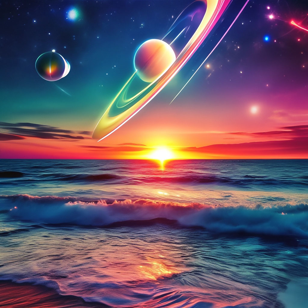 photos,, sunset on the sea,planets,stars, comets, bright, multicolored ...