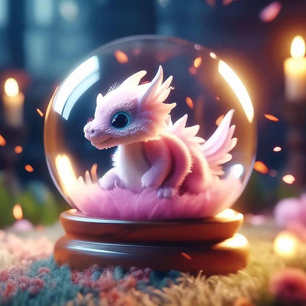"A small fluffy dragon in a large glass ball with fluffy fragments ...