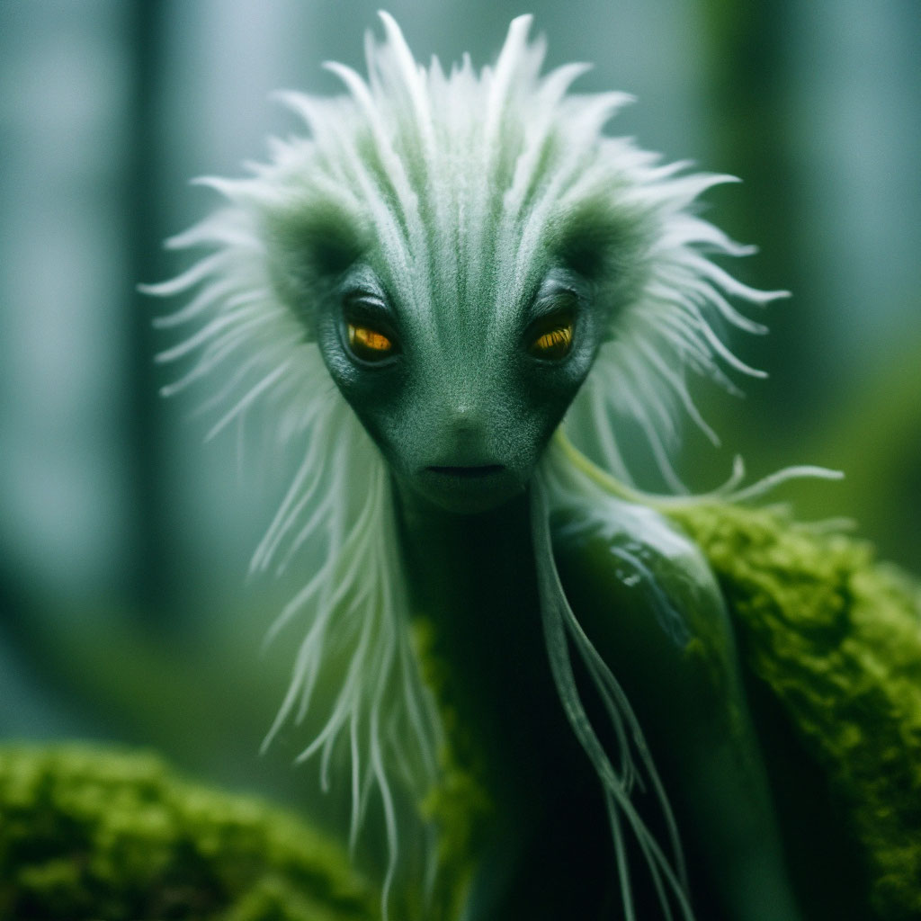 "Alien, unusual creature, beautiful, covered with fibers, moss, albino ...