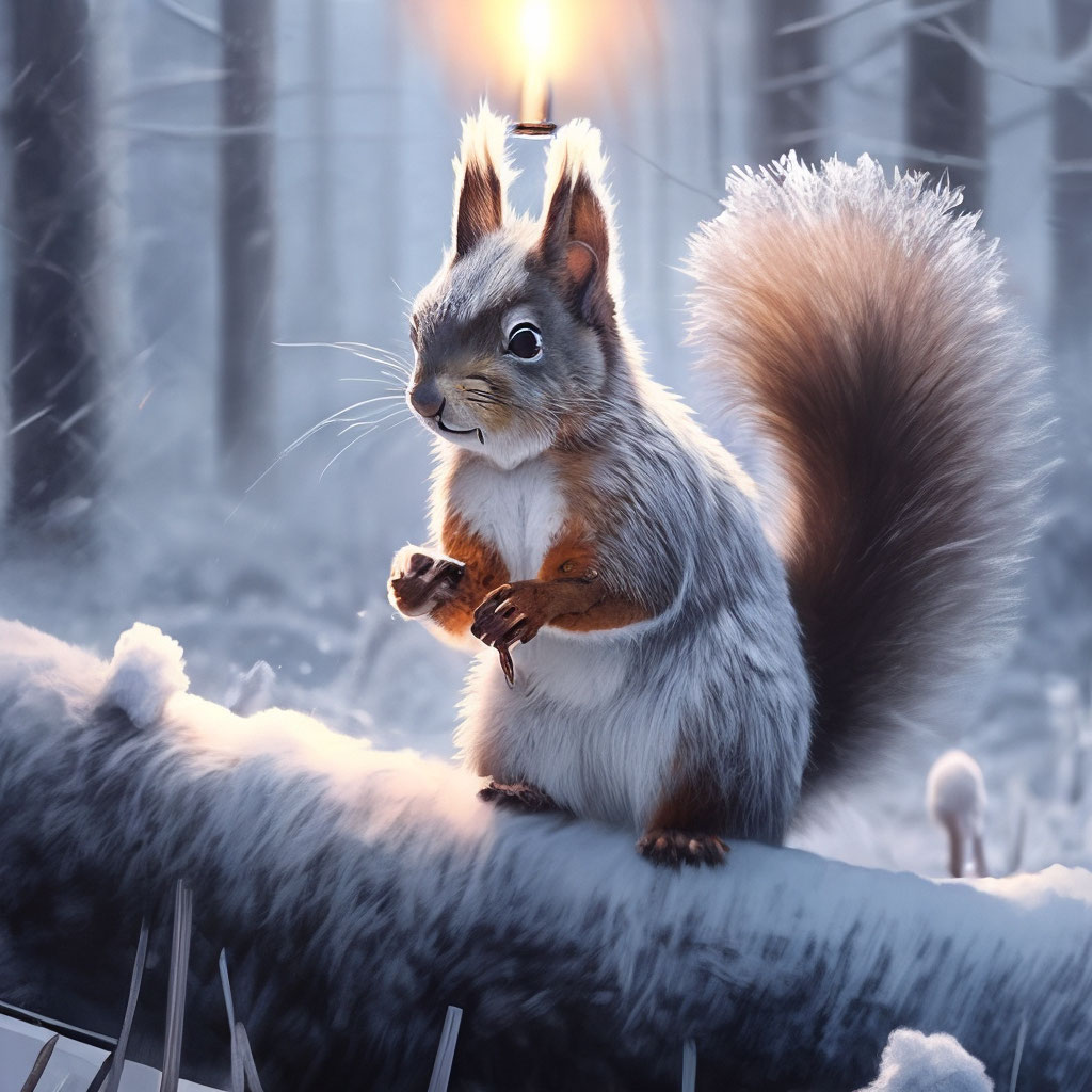 "Squirrel with a flashlight in a winter frost forest covered with frost ...