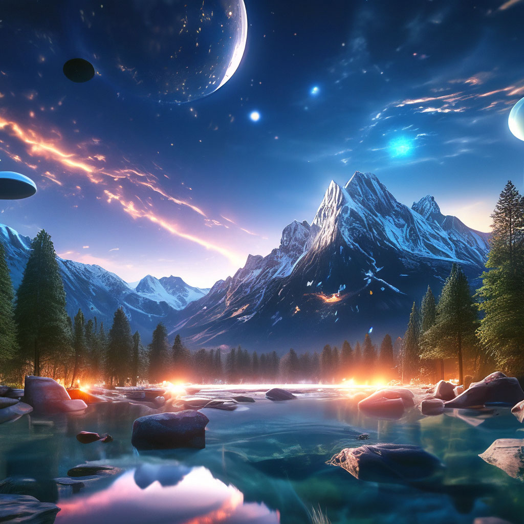 "Another world, outer space, stars, planets, mountains,sea,forest ...