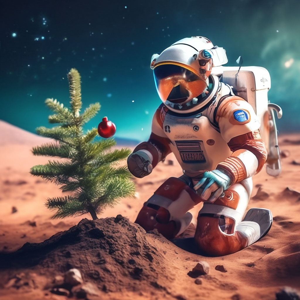 "Christmas on Mars, an astronaut and a robot on caterpillars planted a ...