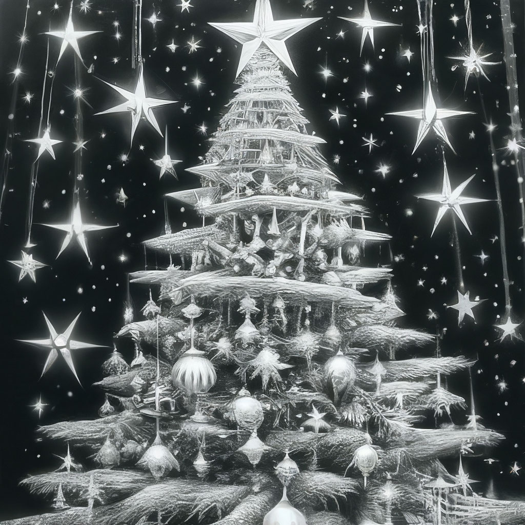 "A Christmas tree covered with garlands of stars" — image created in ...