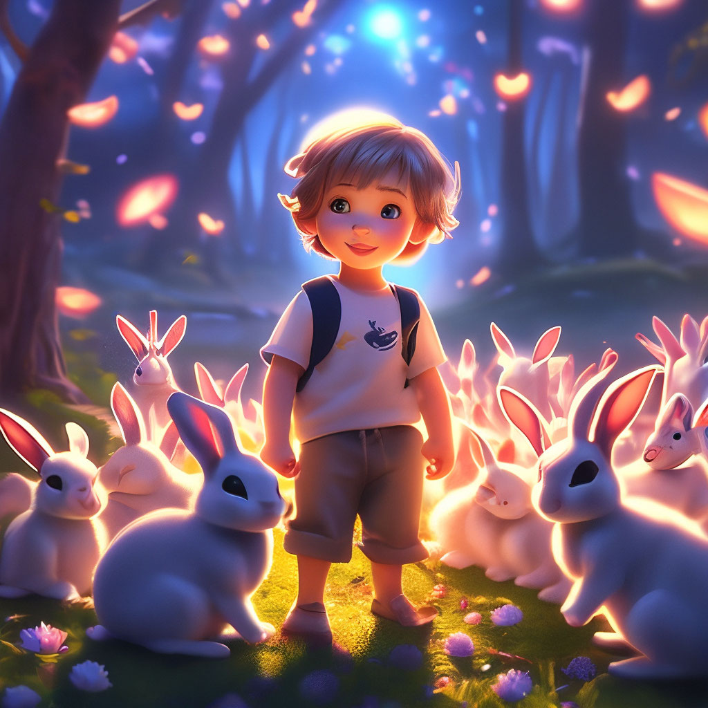"Cute boy in a clearing with 50 bunnies disney big eyes metamorphosis ...