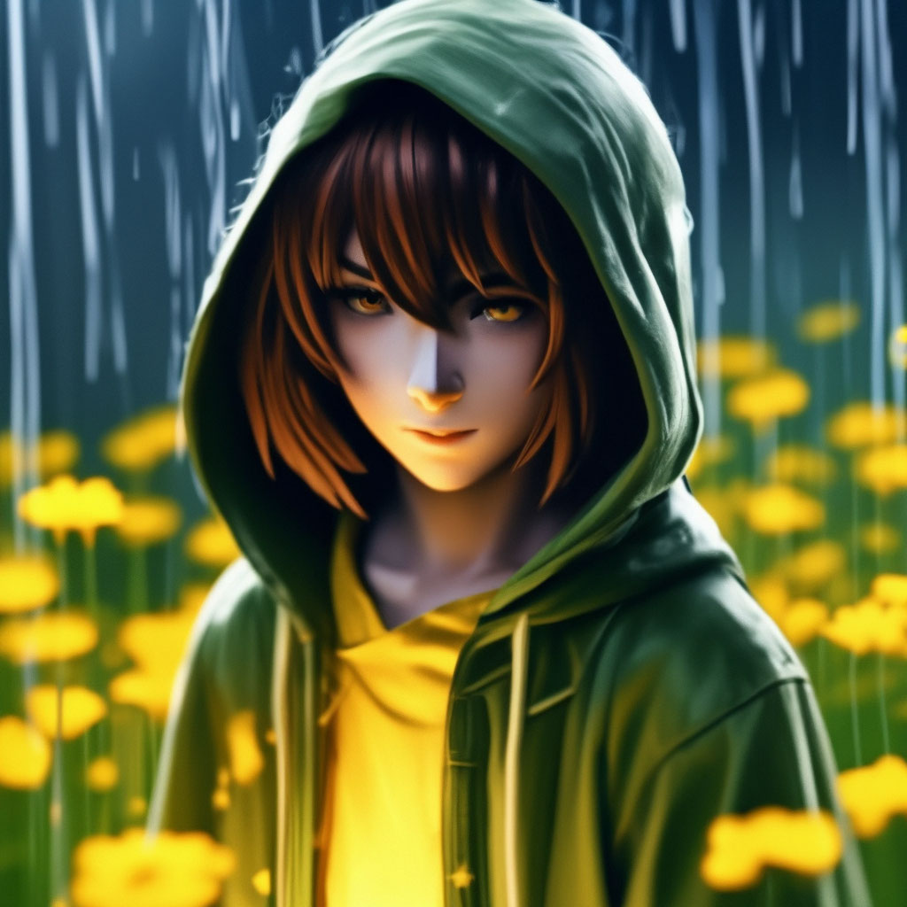 "Chara undertale is standing in a hood in the middle of a yellow ...