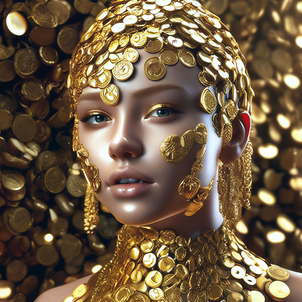 "Completely covered with rare gold coins girl's face, hyperdetalization ...