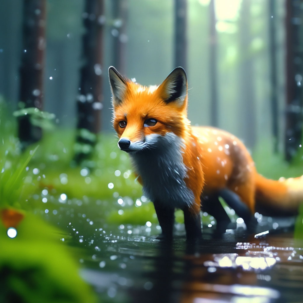 "Fox in the forest , dew , rain 16k" — image created in Shedevrum