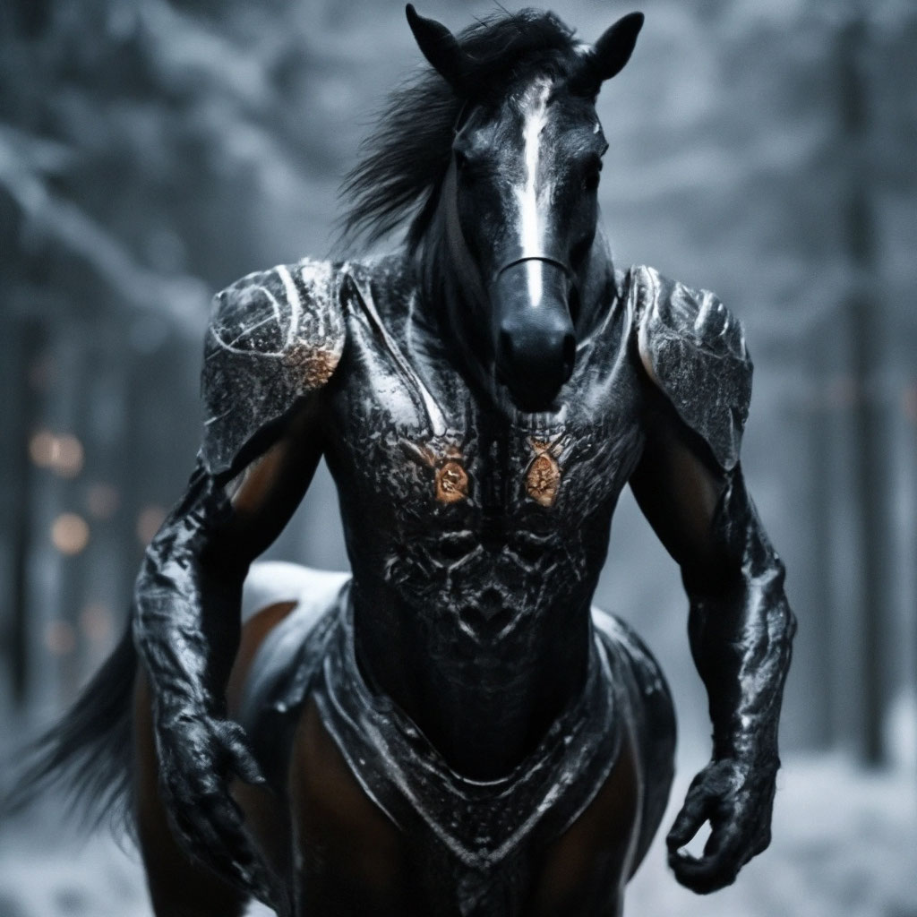 "Creaky anthropomorphic mutant man + horse =Centaur, gloomy, glitter ...