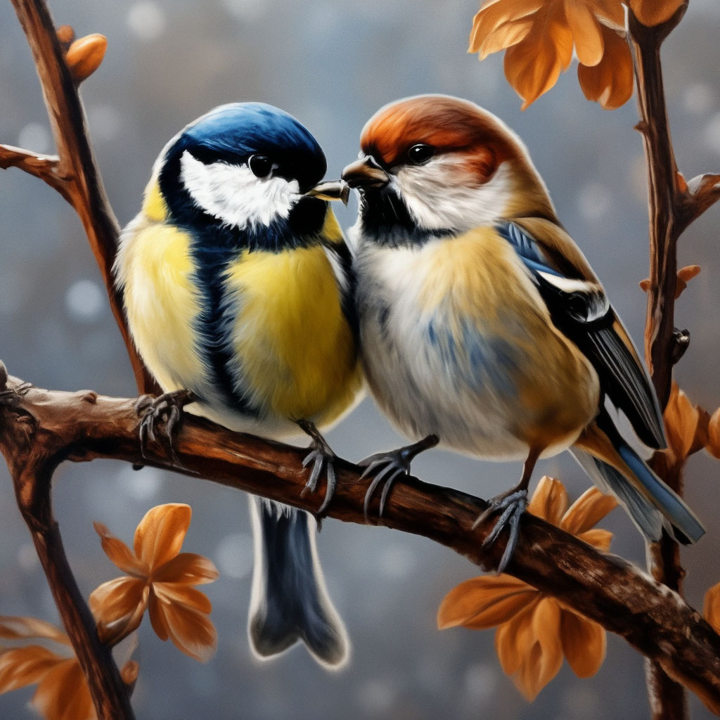 "Tit and sparrow on a twig, realistic" — image created in Shedevrum