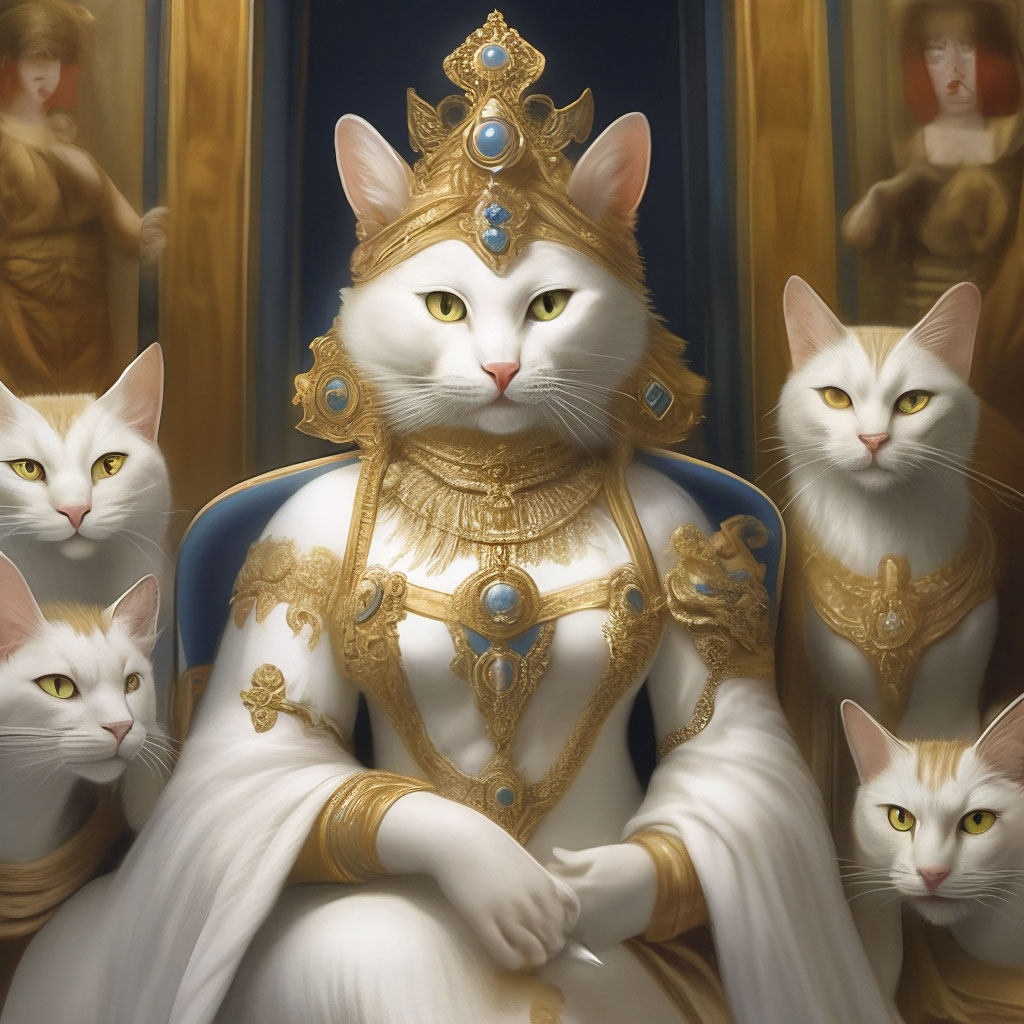"The queen cat with her retinue, details" — image created in Shedevrum