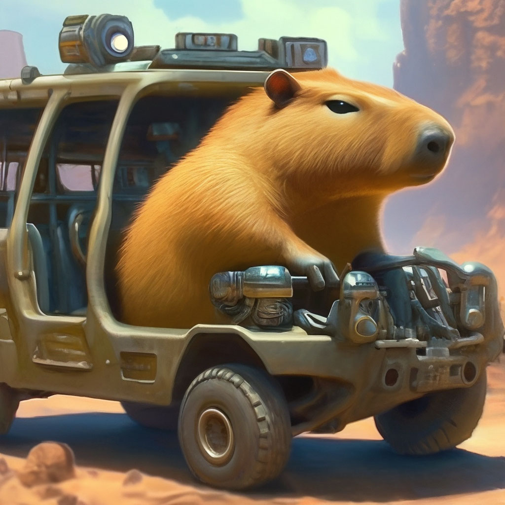 "Capybara rides in a jeep" — image created in Shedevrum