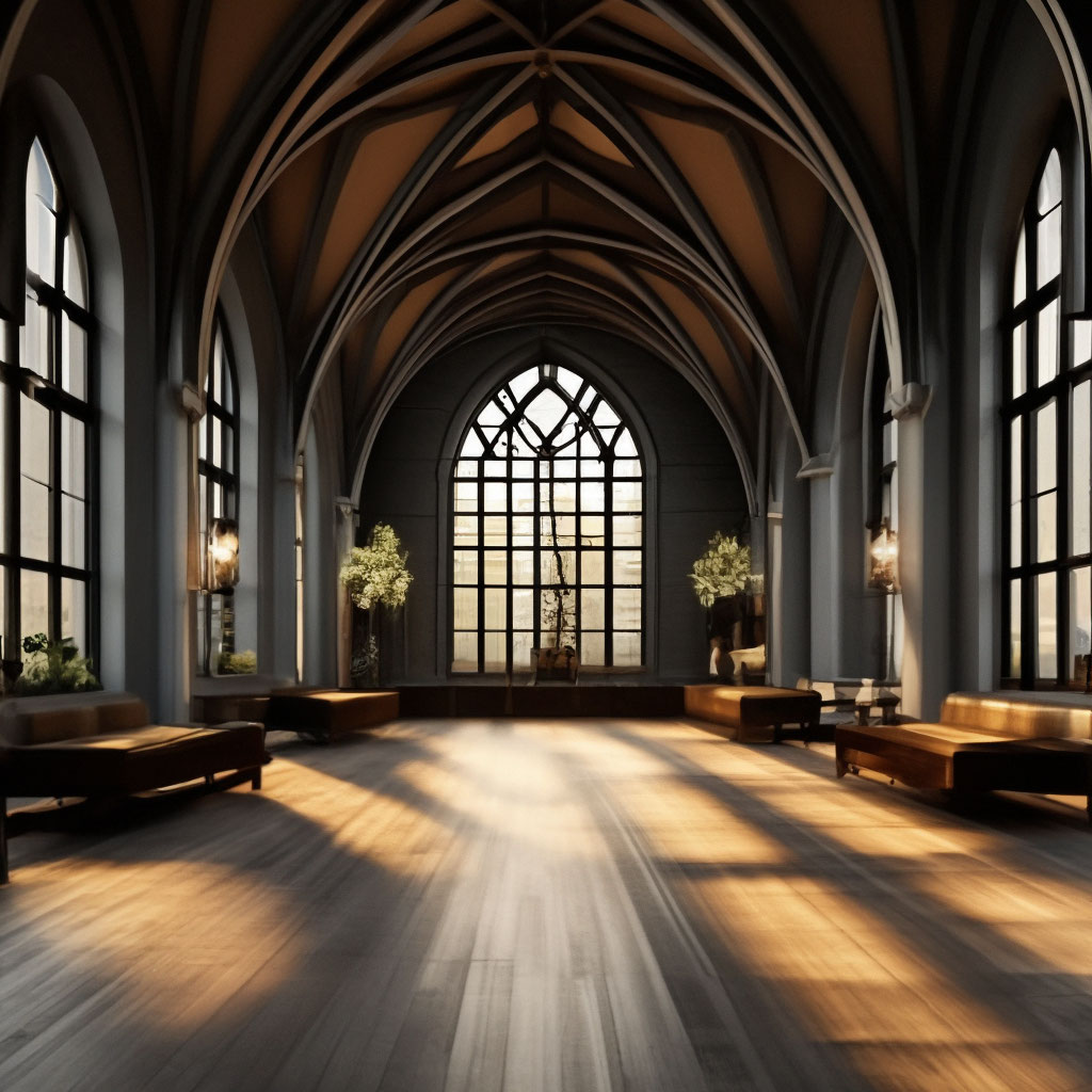"A huge loft-style hall, aesthetics of the Middle Ages, black, gray and ...