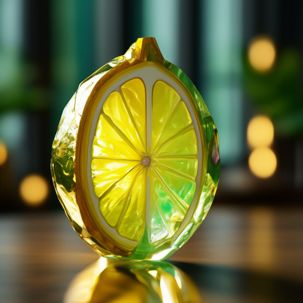 "Epic crystal whole lemon with glowing juice inside, complex drawing ...