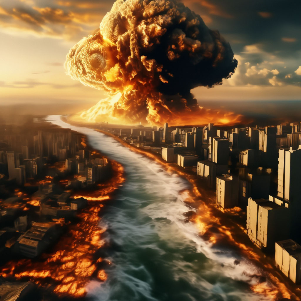 "Nuclear explosion in the city, top view, high detail, tsunami covers ...