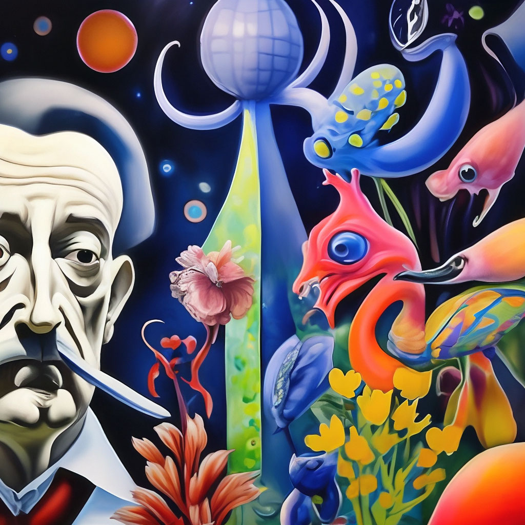 "3 write: "pun pun!" theater of the absurd, surrealism, in the style of ...