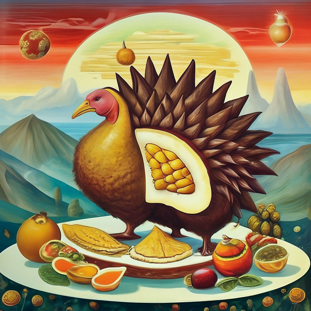 "Surreal depiction of 'Durian Turducken' Imagine large stylized turkey ...