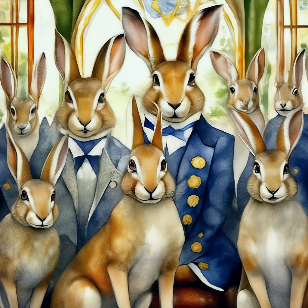 "Illustration: watercolor vintage picture hares sitting in the English ...