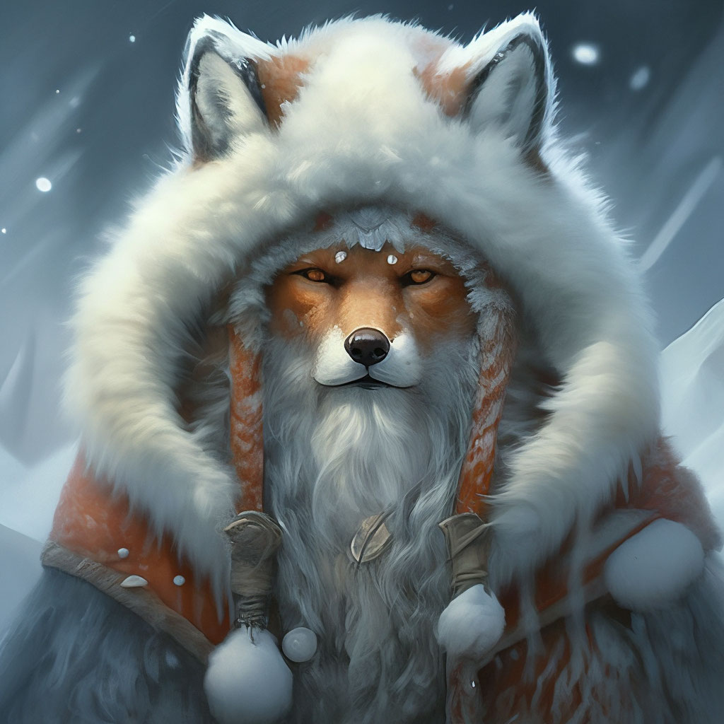 "Portrait of the mystic arctic fox man, winter" — image created in ...