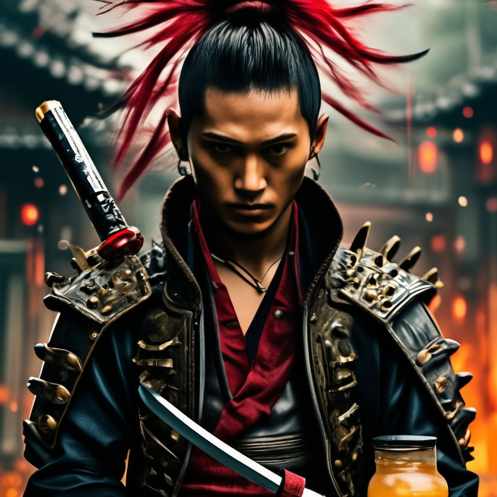 "Punk samurai in the hands of moonshine" — image created in Shedevrum