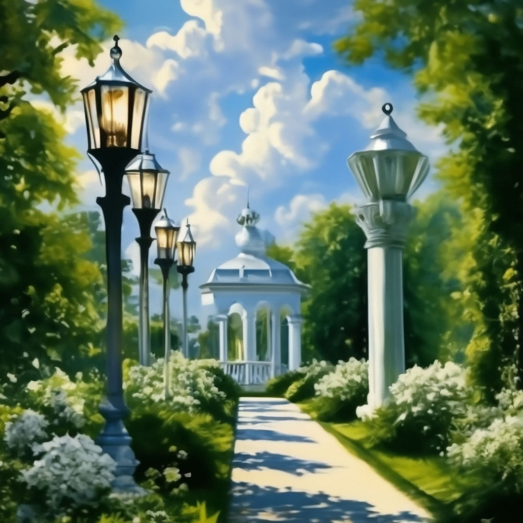 "The summer landscape is beautiful in light blue tones, delicate white ...