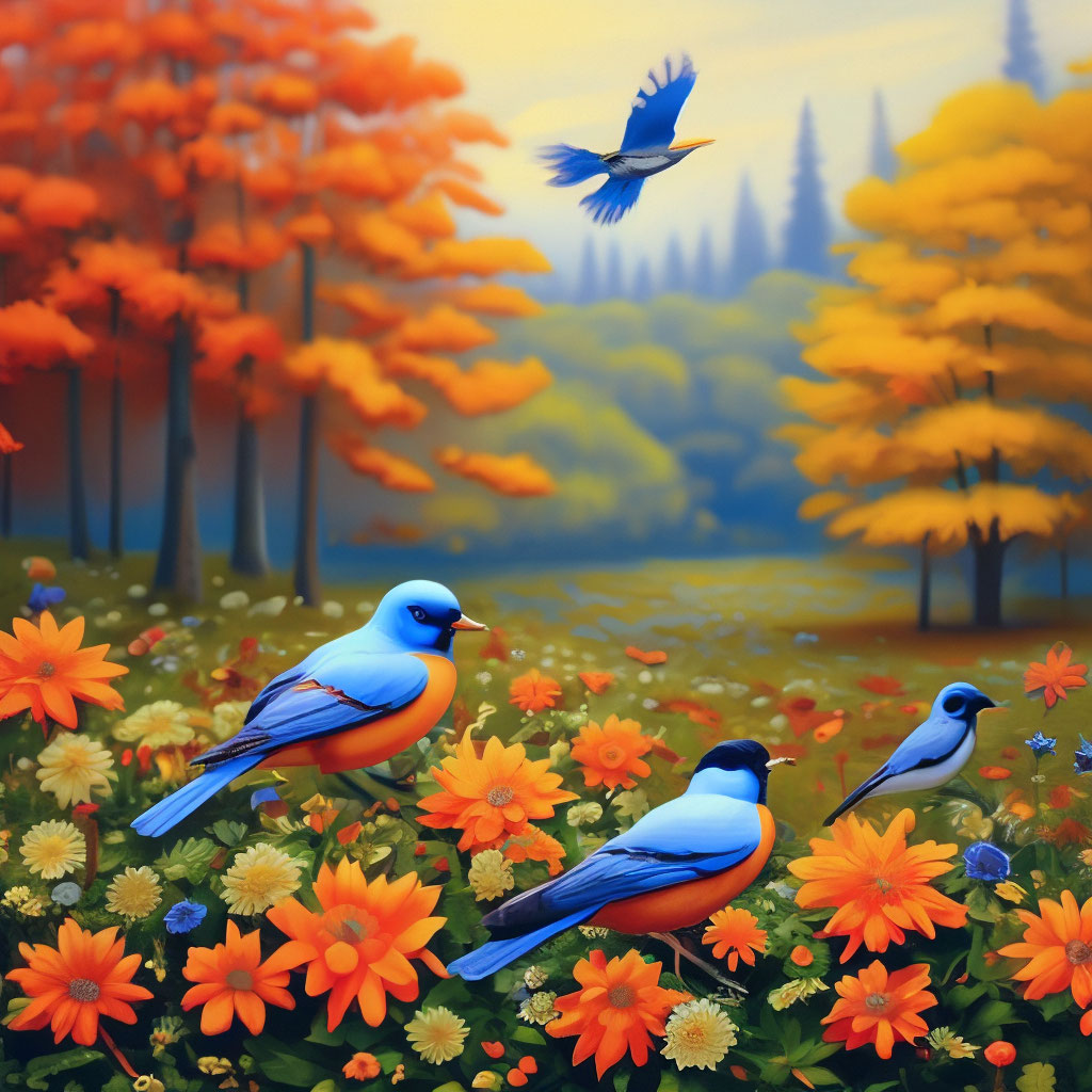 "Birds on trees. forest. autumn flowers on. grass" — image created in ...