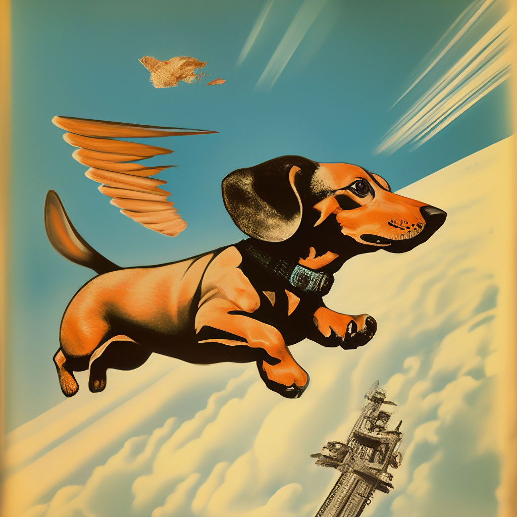 "Dachshund in flight" — image created in Shedevrum